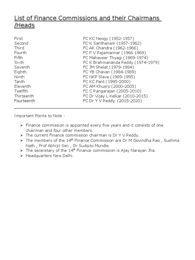 List of Finance Commissions and Their Chairmans | PDF