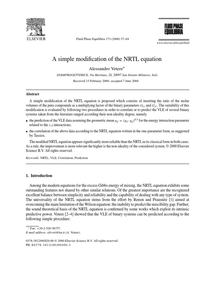 A Simple Modification of The NRTL Equation | PDF | Chemistry | Physical ...