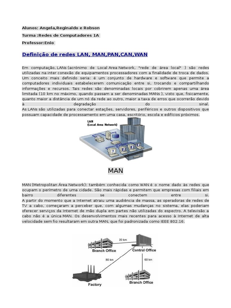 Definição de Redes LAN, MAN, PAN, CAN, WAN PDF | PDF | Rede de longa ...