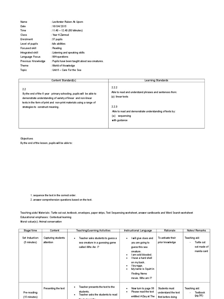 Reading Lesson Plan-Care For The Sea Year 4 | PDF | Reading ...