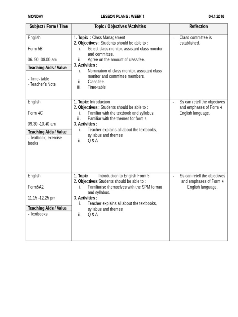 MONDAY LESSON PLANS | PDF | Lesson Plan | English Language