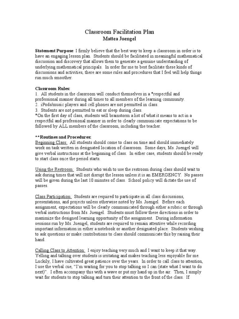 Classroom Facilitation Plan Mattea Juengel | PDF | Homework | Academic ...