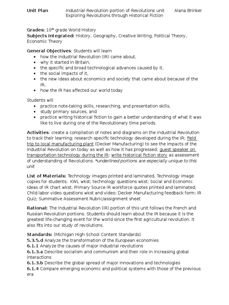 Industrial Revolution Unit Plan | PDF | Narrative | Revolutions
