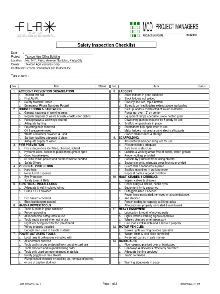 Safety Inspection Checklist | Scaffolding | Crane (Machine)