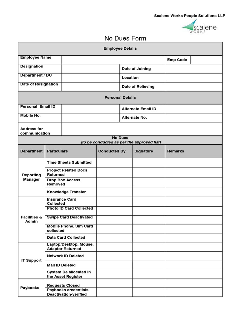 No Dues Certificate Format for Employees | PDF