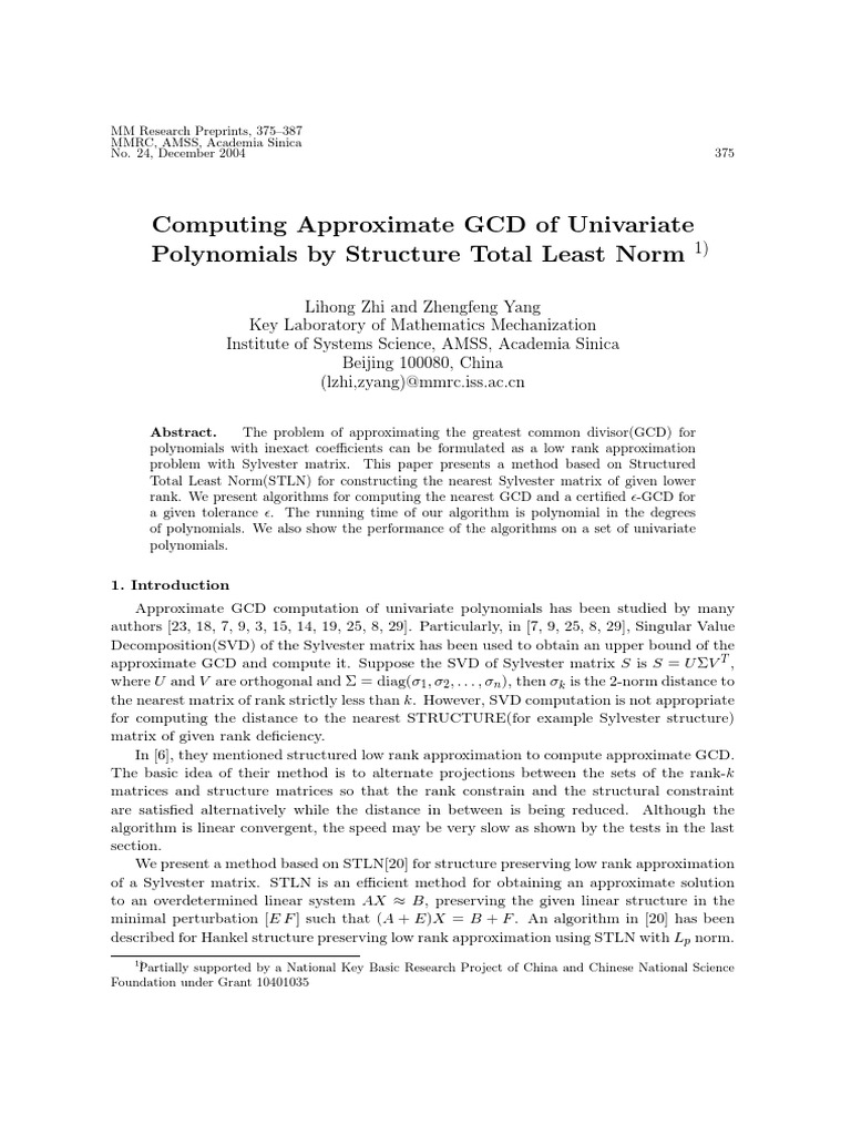 Computing Approximate Gcd Download Free Pdf Matrix Mathematics Numerical Analysis