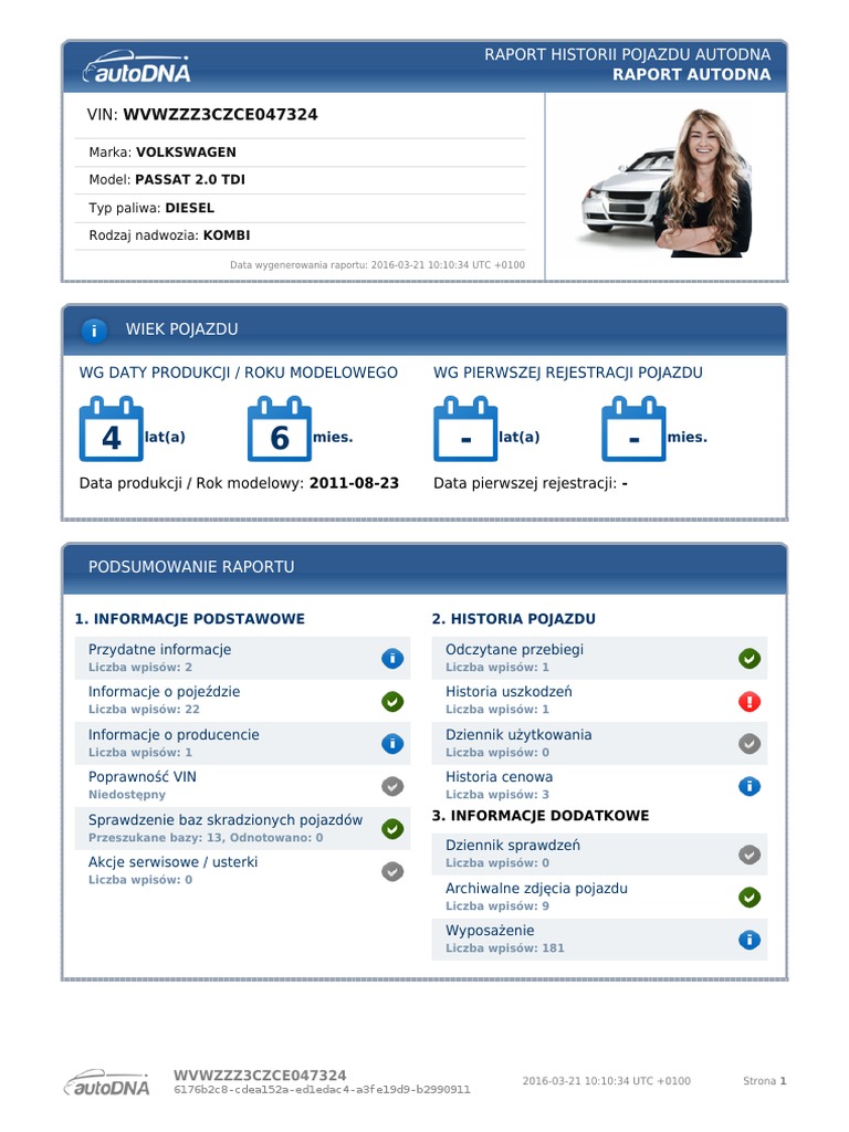 Raport VIN Autodna - VOLKSWAGEN PASSAT | PDF