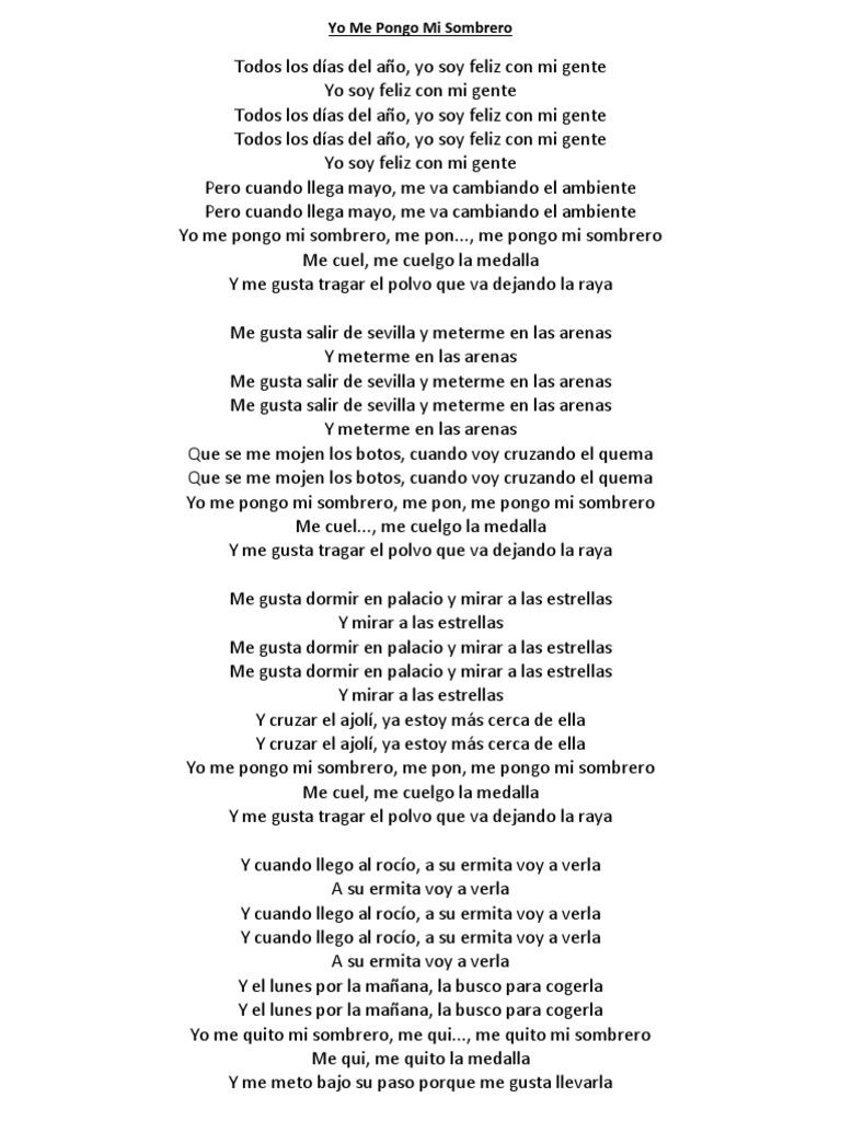 Yo Me Pongo Mi Sombrero: Letra Infantil | PDF