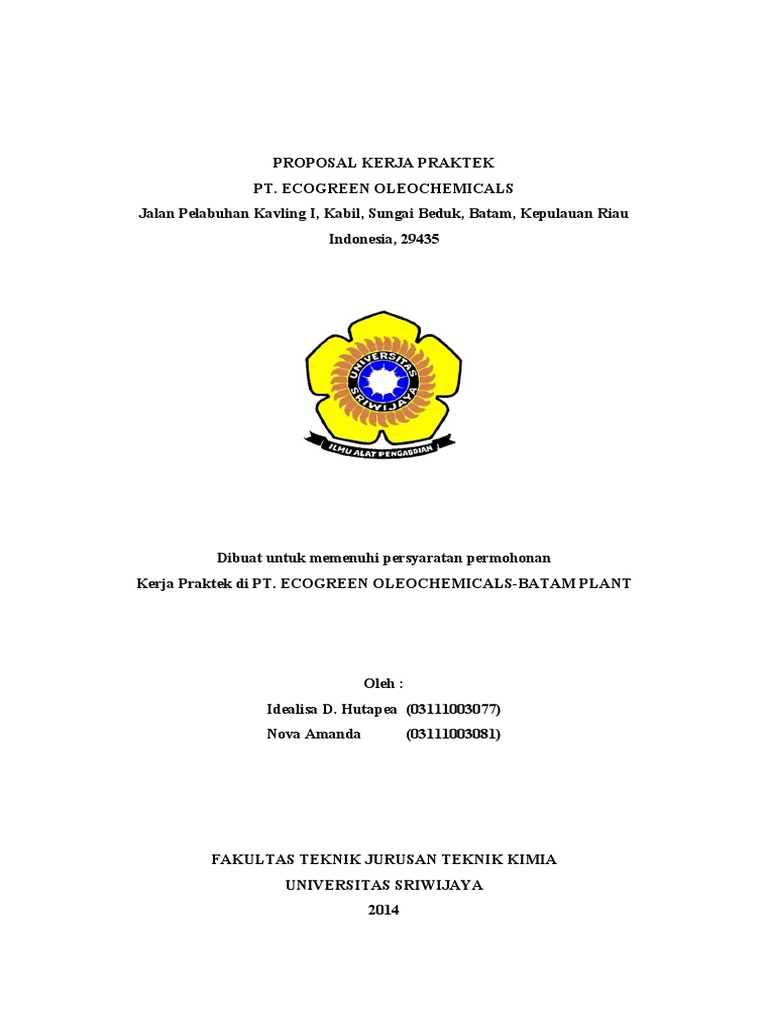 Proposal KP PT Ecogreen Oleochemicals-Unsri-Idealisa DH Dan Nova Amanda PDF | PDF