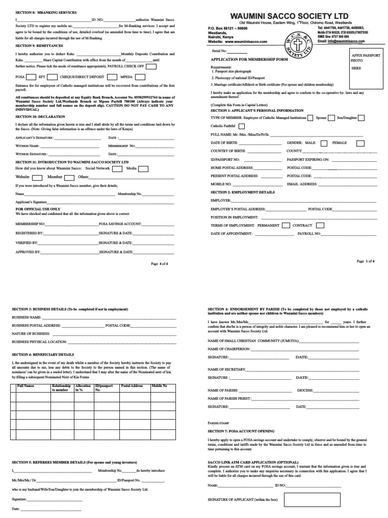 Waumini Sacco Membership Application Form | PDF | Payroll | Cheque