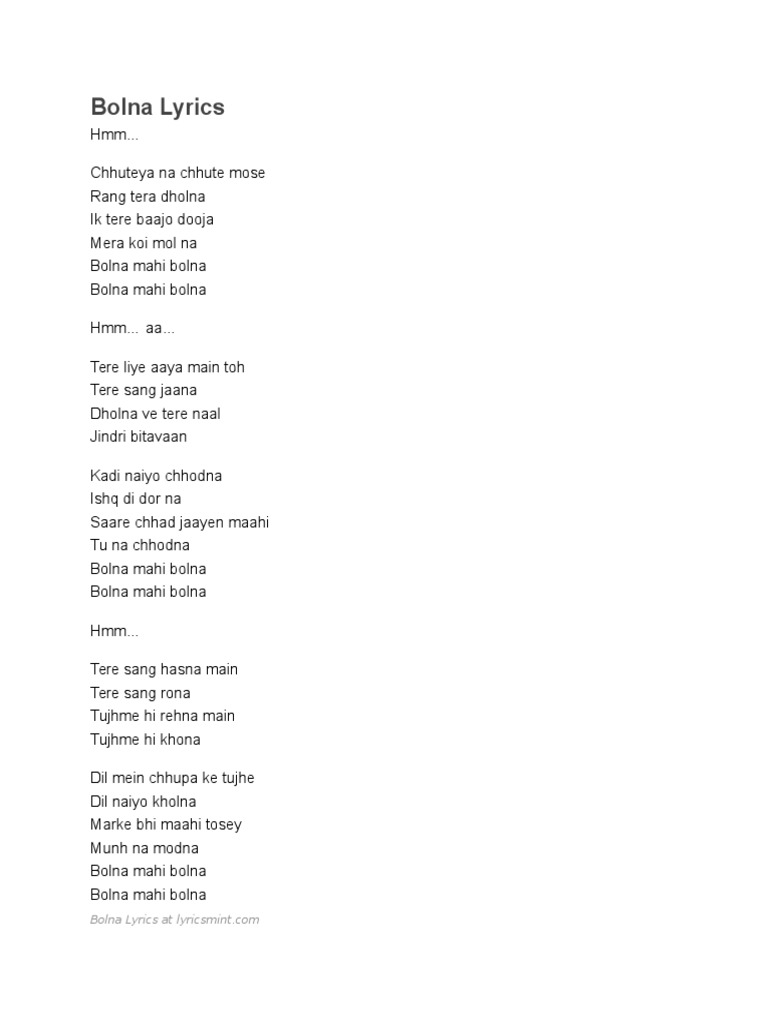 Bolna Lyrics | PDF