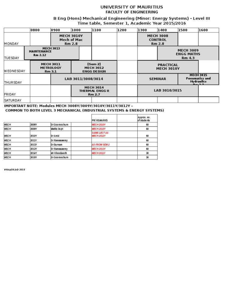UOM Mechanical Engineering Timetable 2015 | PDF