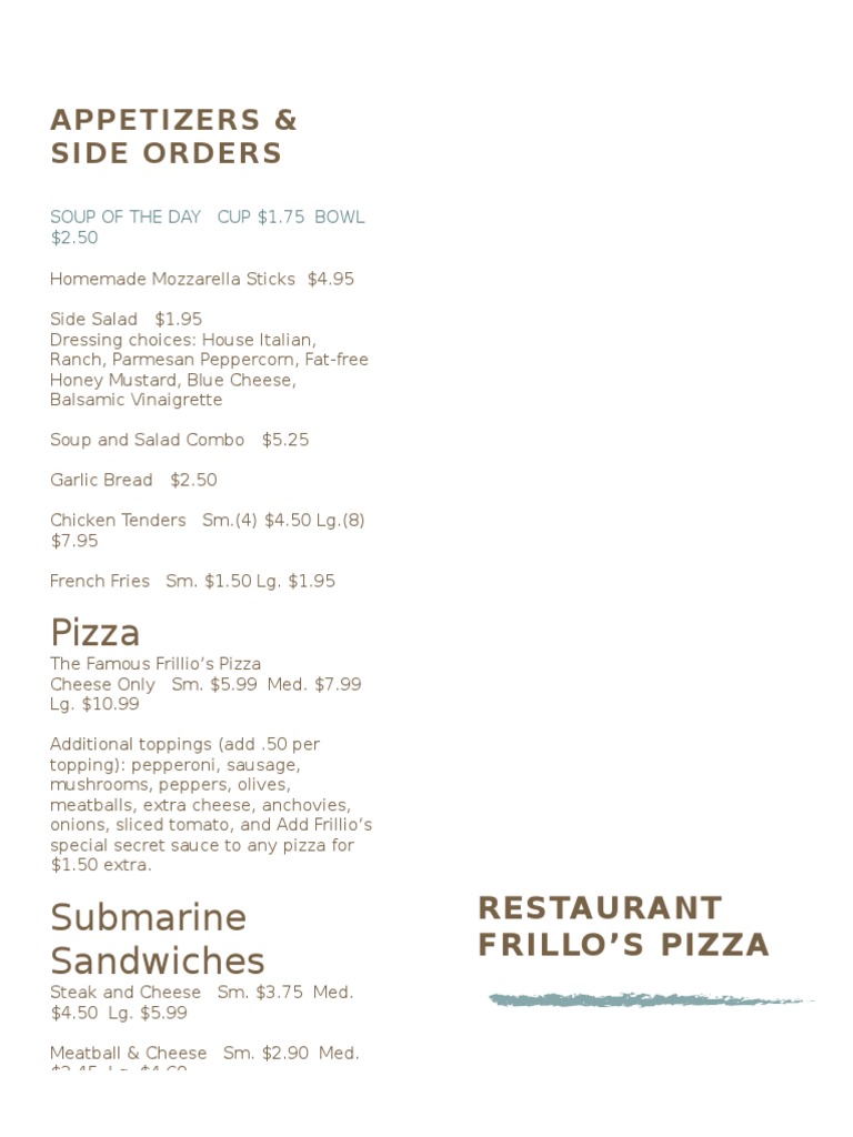Frillio's Pizza Menu: Appetizers, Pizzas, Sandwiches & More | PDF