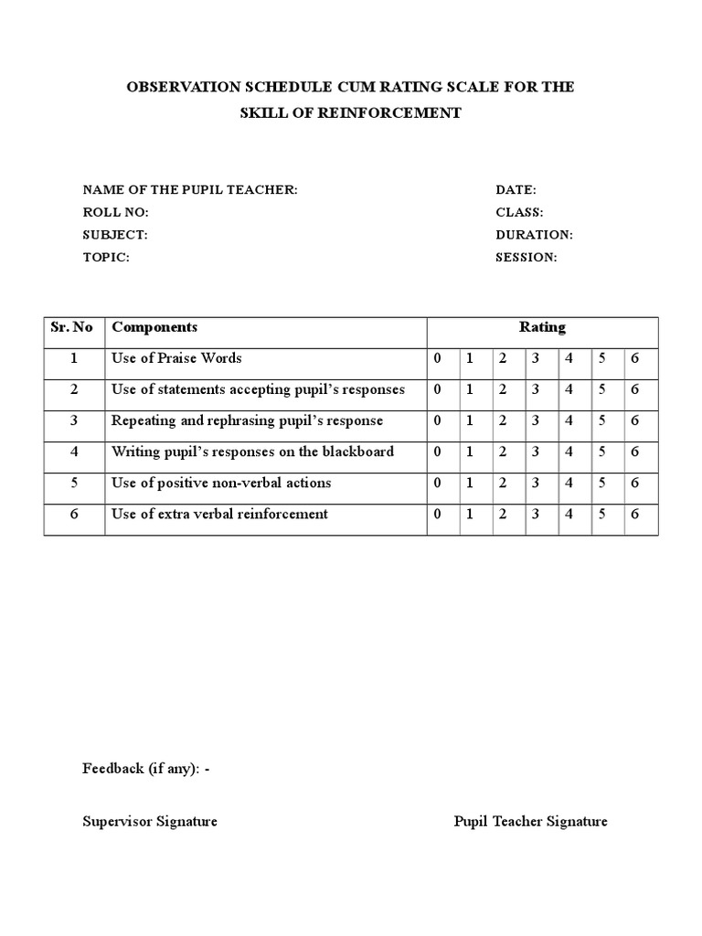 Observation and Rating Scales for Teaching Skills | PDF | Reinforcement ...