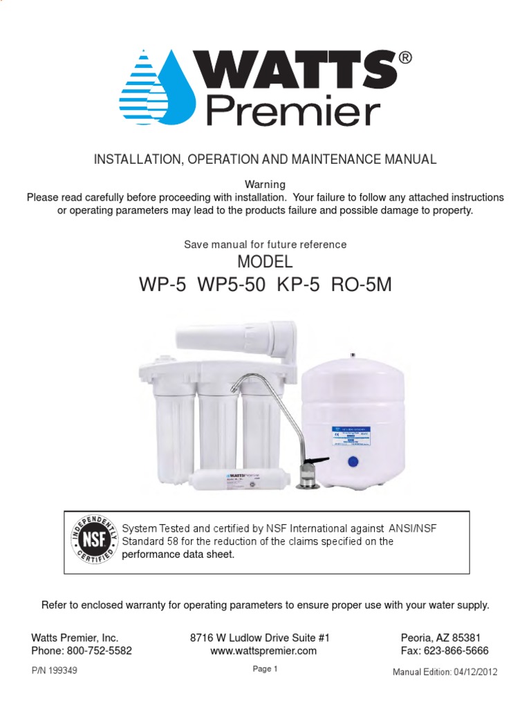 Watts Premier INSTALLATION, OPERATION AND MAINTENANCE MANUAL WP5 ...