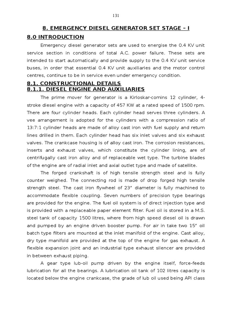 Emergency Diesel Generator Set Stage-1 | PDF | Diesel Engine | Cylinder ...