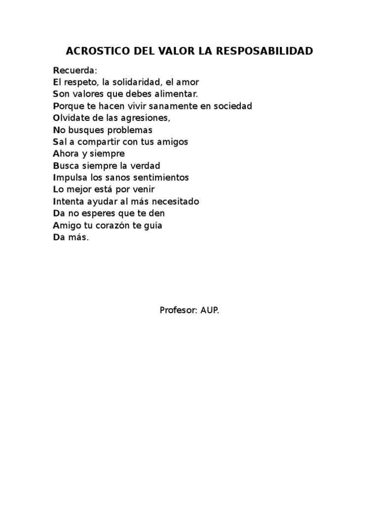 Acrostico Del Valor La Resposabilidad | PDF | Autosuperación