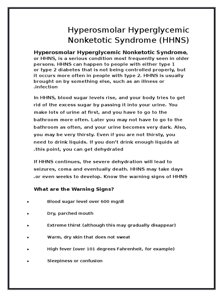 Hyperosmolar Hyperglycemic Nonketotic Syndrome (HHNS) | PDF | Blood ...