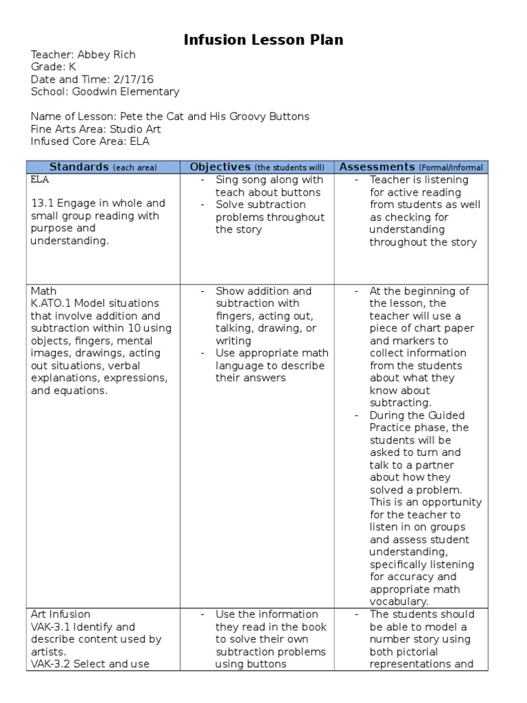 Pete the Cat Behavior Chart Lesson | PDF | Subtraction | Psychological ...
