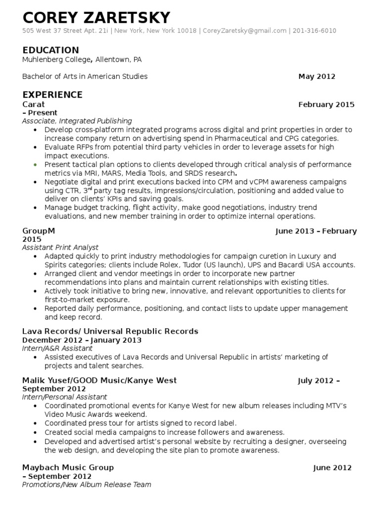 Corey Zaretsky Resume 3.19.2016 | PDF | Advertising | Market (Economics)