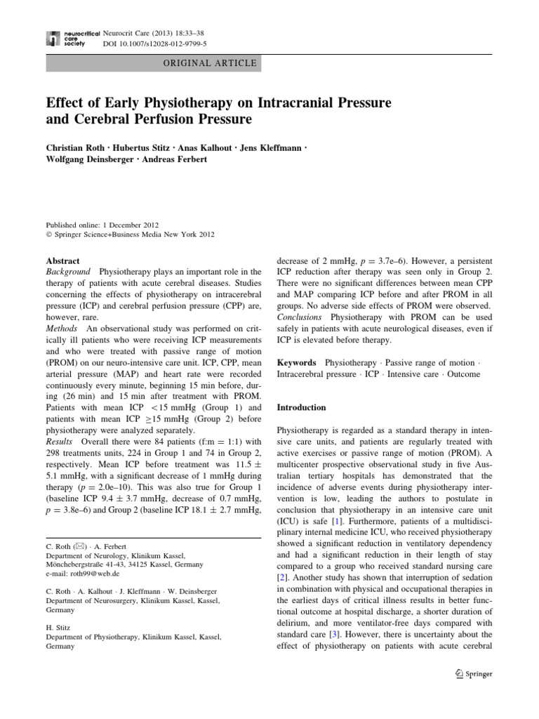 Effect of Early Physiotherapy On Intracranial Pressure | PDF | Physical ...