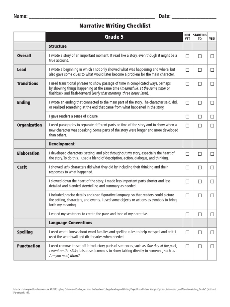 g5 Narrative Progression Checklist Calkins | PDF
