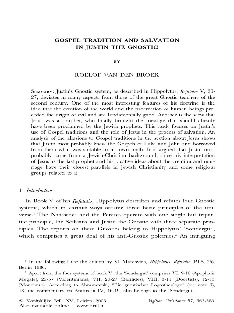 Broek2003 Gospel Tradition and Salvation in Justin The Gnostic | PDF ...