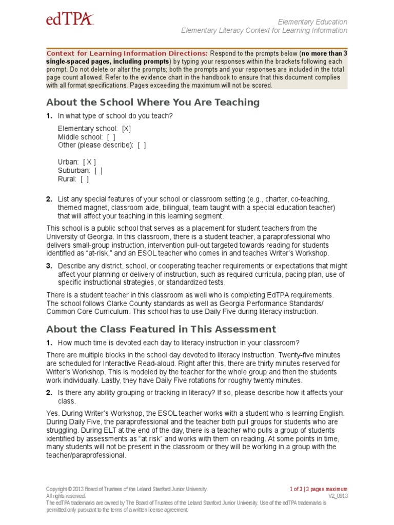 Edtpa Literacy Context For Learning - Olgethorpe Kindergarten | PDF ...