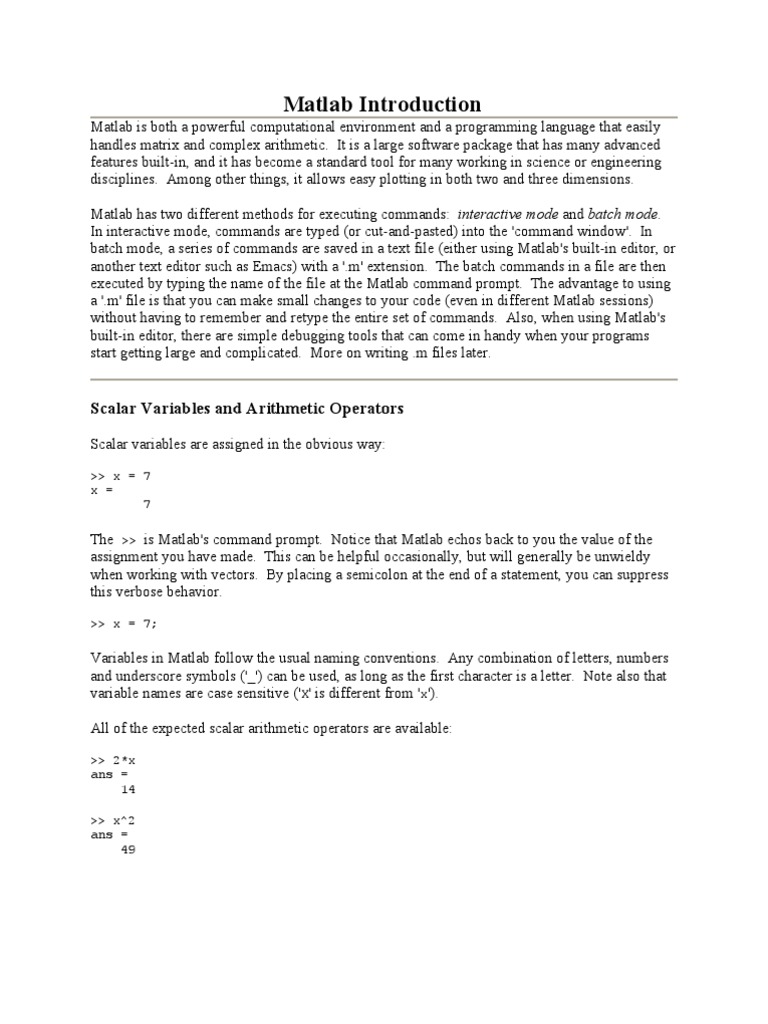 Matlab Introduction Scalar Variables And Arithmetic Operators Pdf 0706