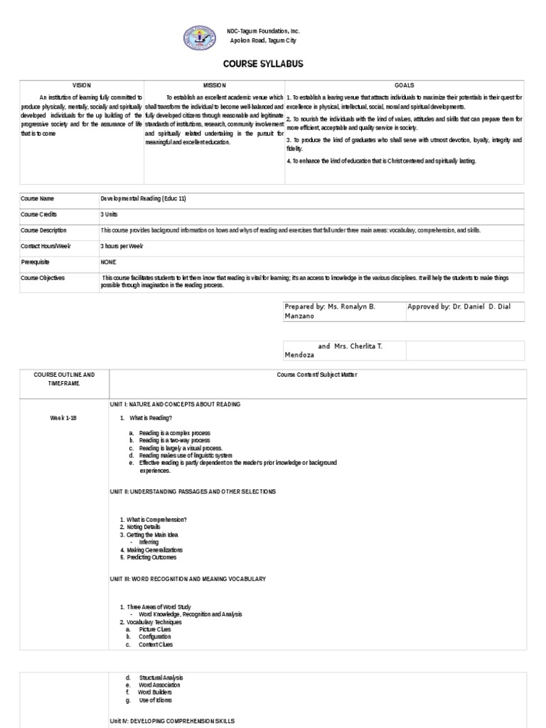Course Syllabus: NDC-Tagum Foundation, Inc. Apokon Road, Tagum City | PDF