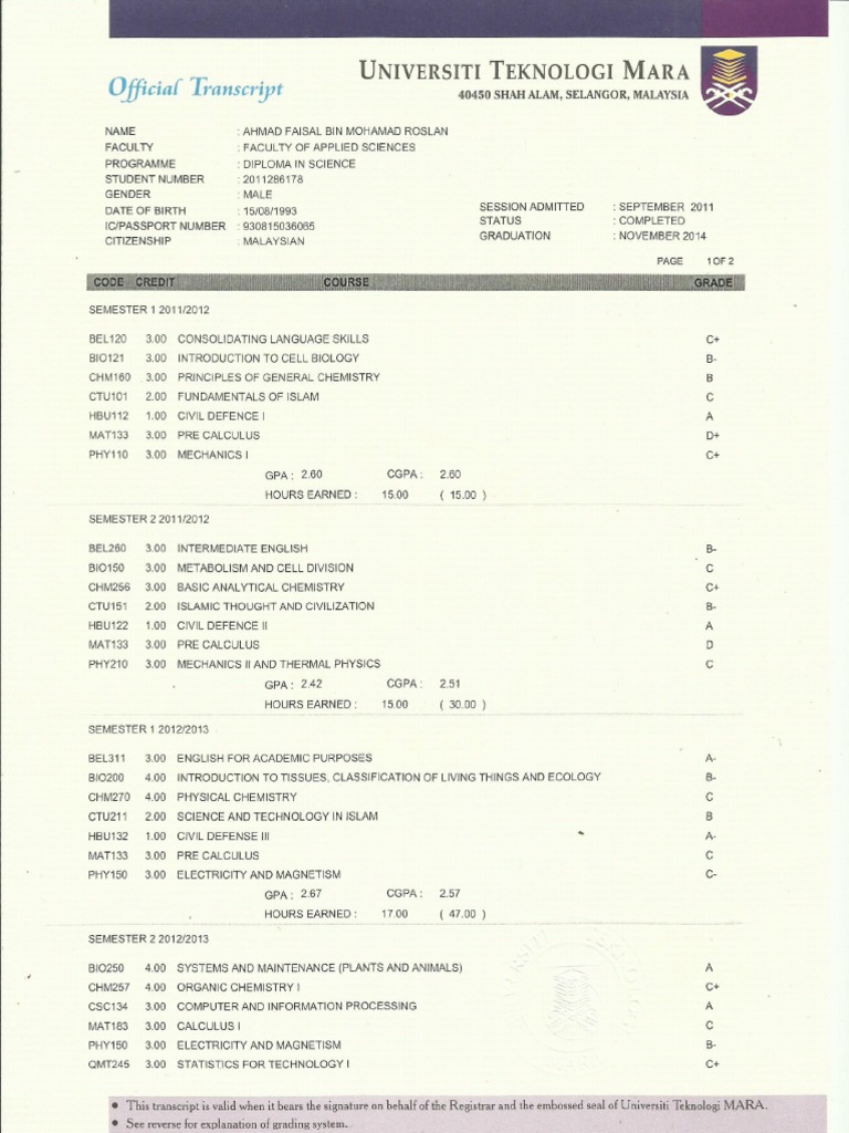 Official Transcript UITM Page 1 | PDF