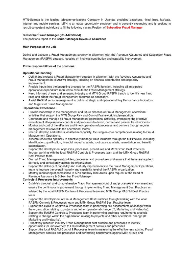 MTN Uganda Subscriber Fraud Manager Job | PDF | Strategic Management ...