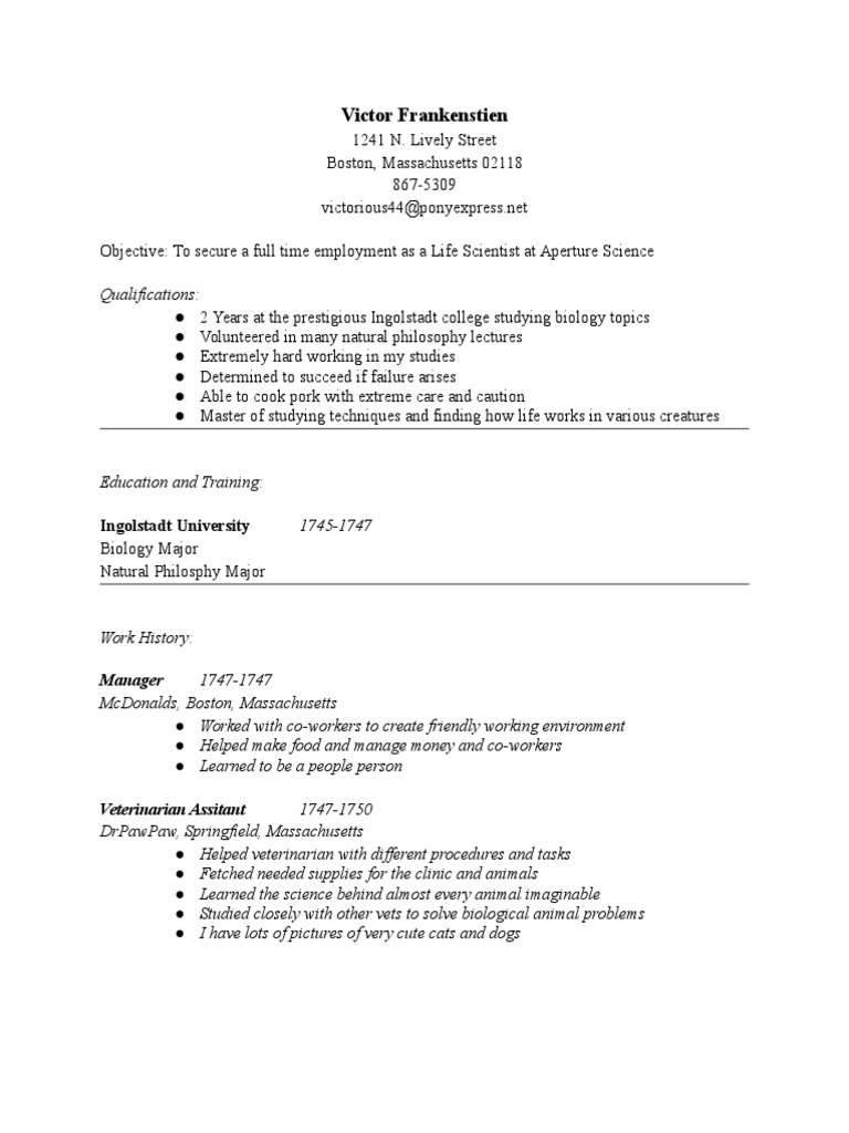 Life Scientist Resume for Victor Frankenstein | PDF | Wellness