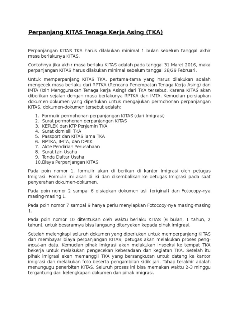 Perpanjang KITAS Tenaga Kerja Asing | PDF