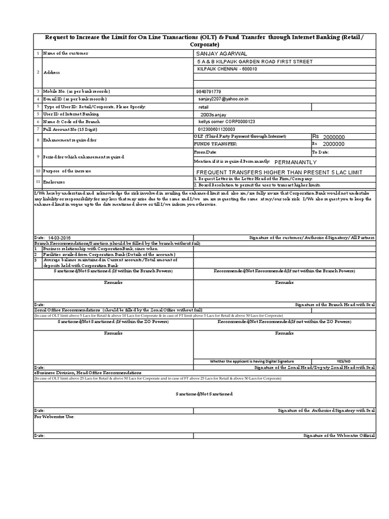Internet Banking - Application Form For Enhancement of Limits | PDF ...
