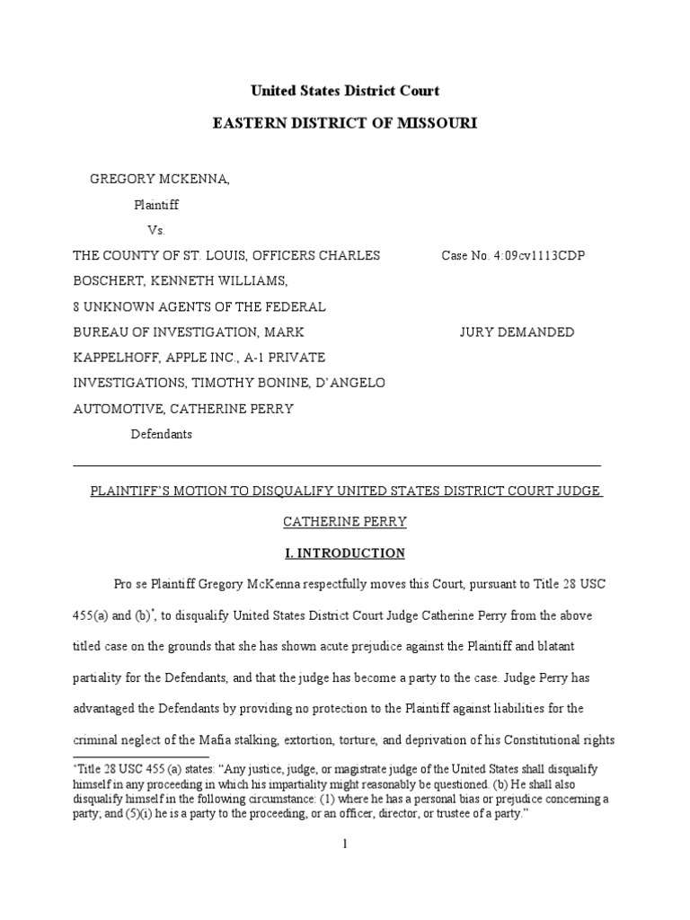 Motion To Disqualify Federal District Judge Catherine Perry of The ...