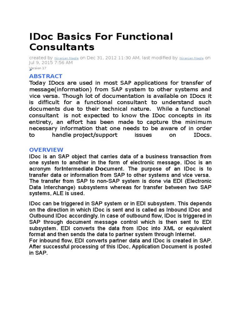 Idoc Basics For Functional Consultants: Intermediate Document. The Purpose of An Idoc Is To ...
