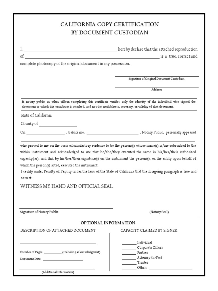 2015 Copy Certification by Document Custodian Acknowledgment | PDF ...