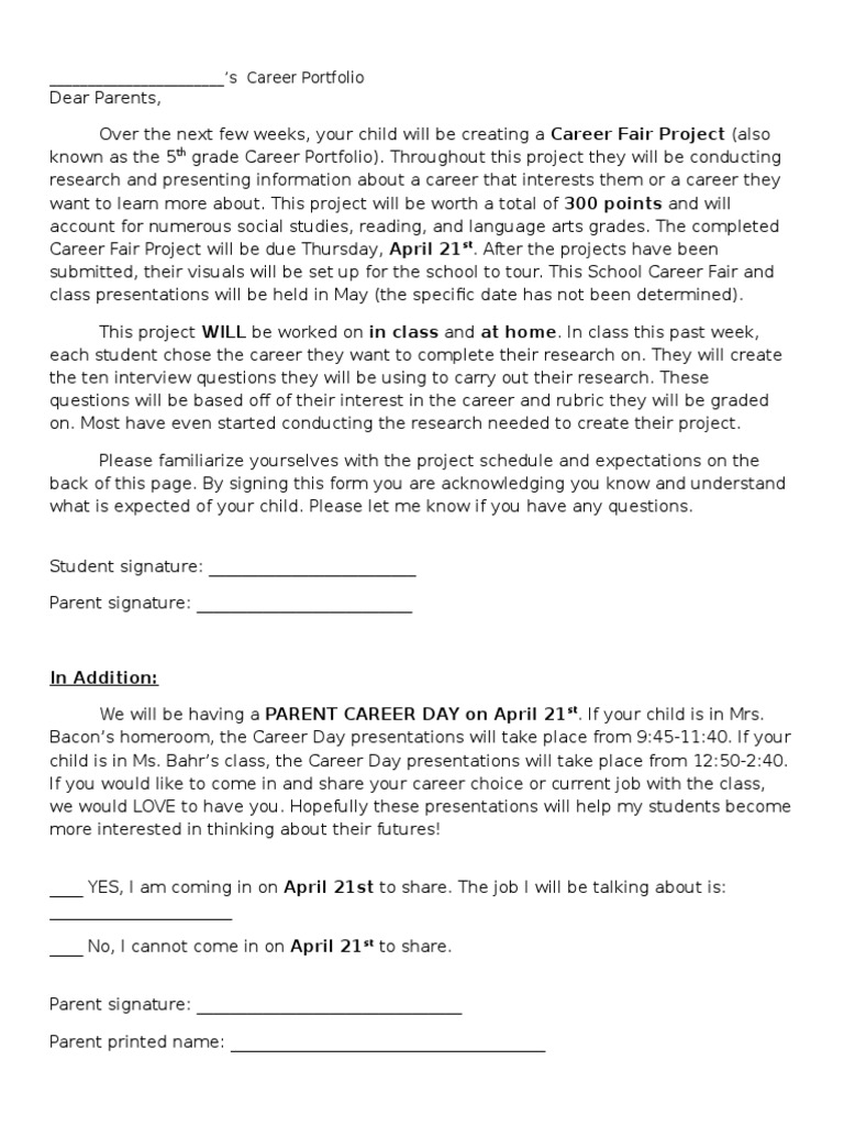 Career Day Parent Letter | PDF | Pedagogy | Communication