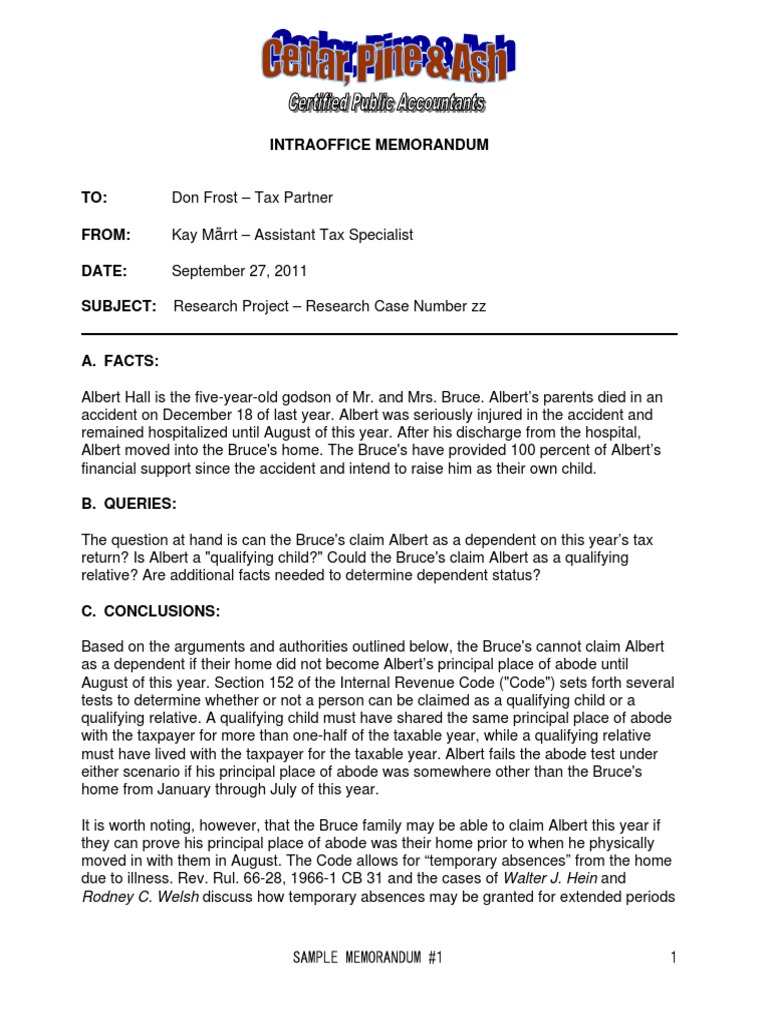 Sample Research Memo#1 ACC430 | PDF | Adoption | Internal Revenue Code