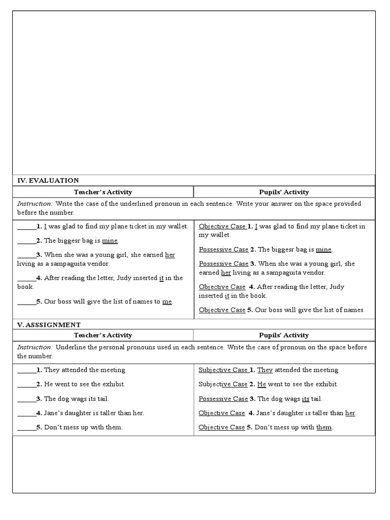 Lesson Plan in English-Cases of Personal Pronouns | PDF | Pronoun ...