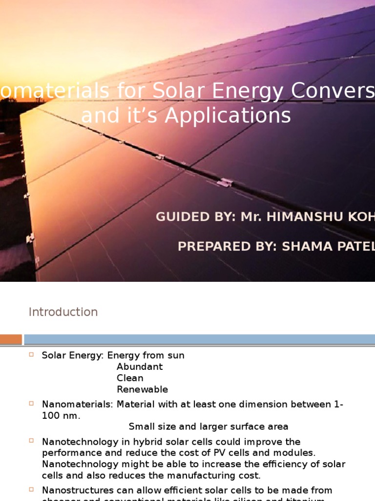 Nanomaterials for Solar Energy Conversion vand Applications ...