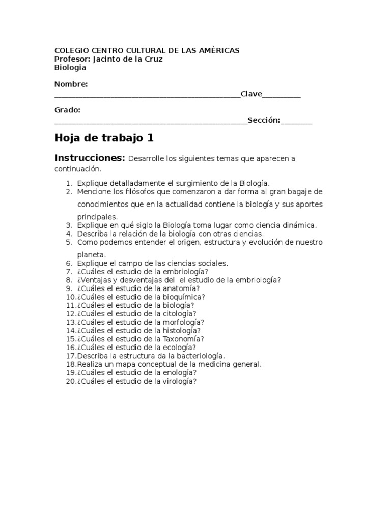 Hoja de Trabajo 1 Biologia Cuarto | PDF