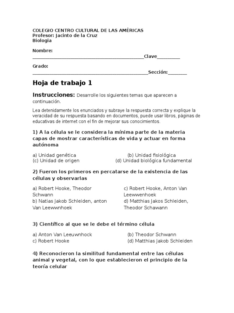 Hoja de Trabajo sobre Células y Teoría Celular | PDF | Biología Celular ...