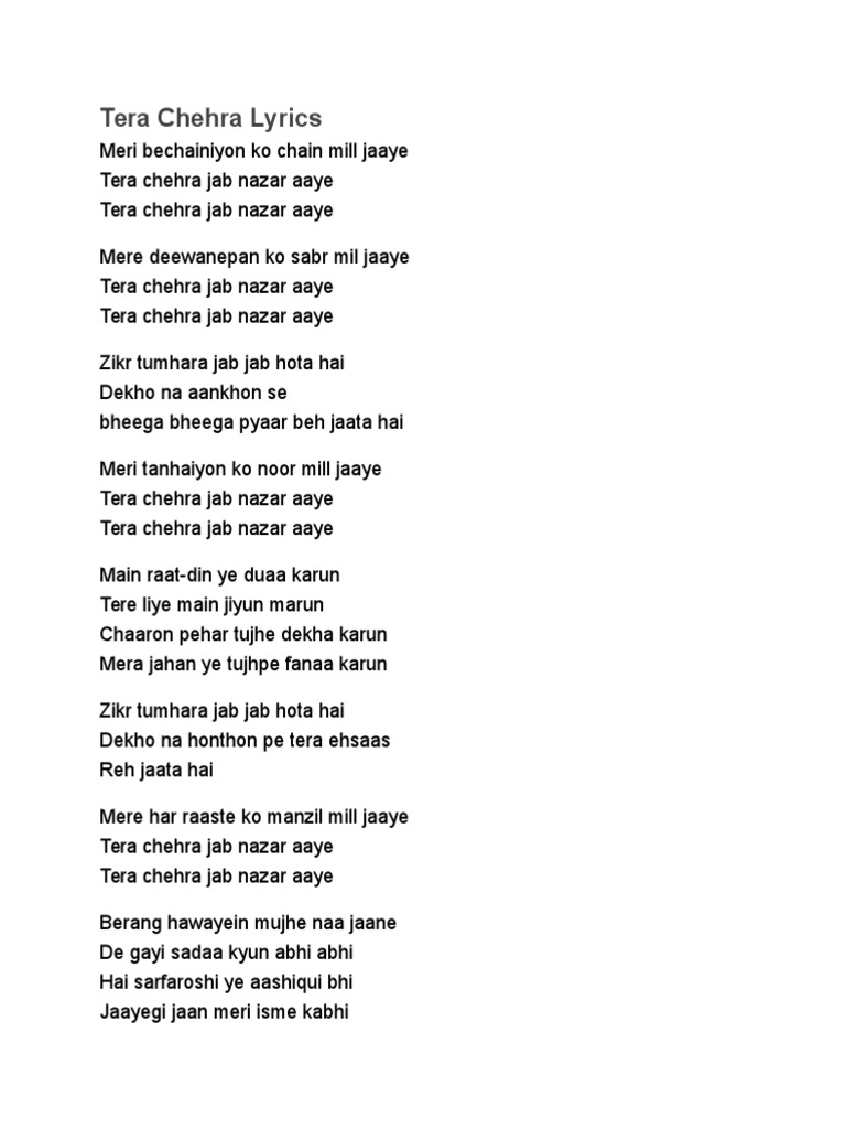 Tera Chehra Lyrics | PDF
