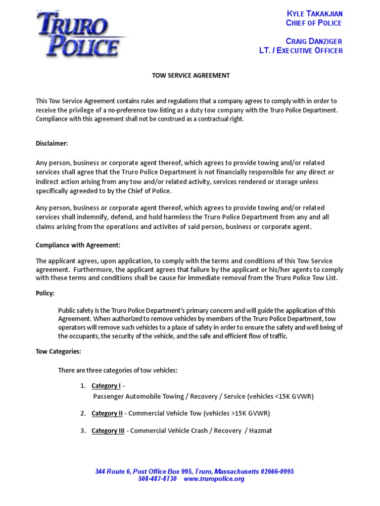 Truro Police Department tow agreement | Truck | Police