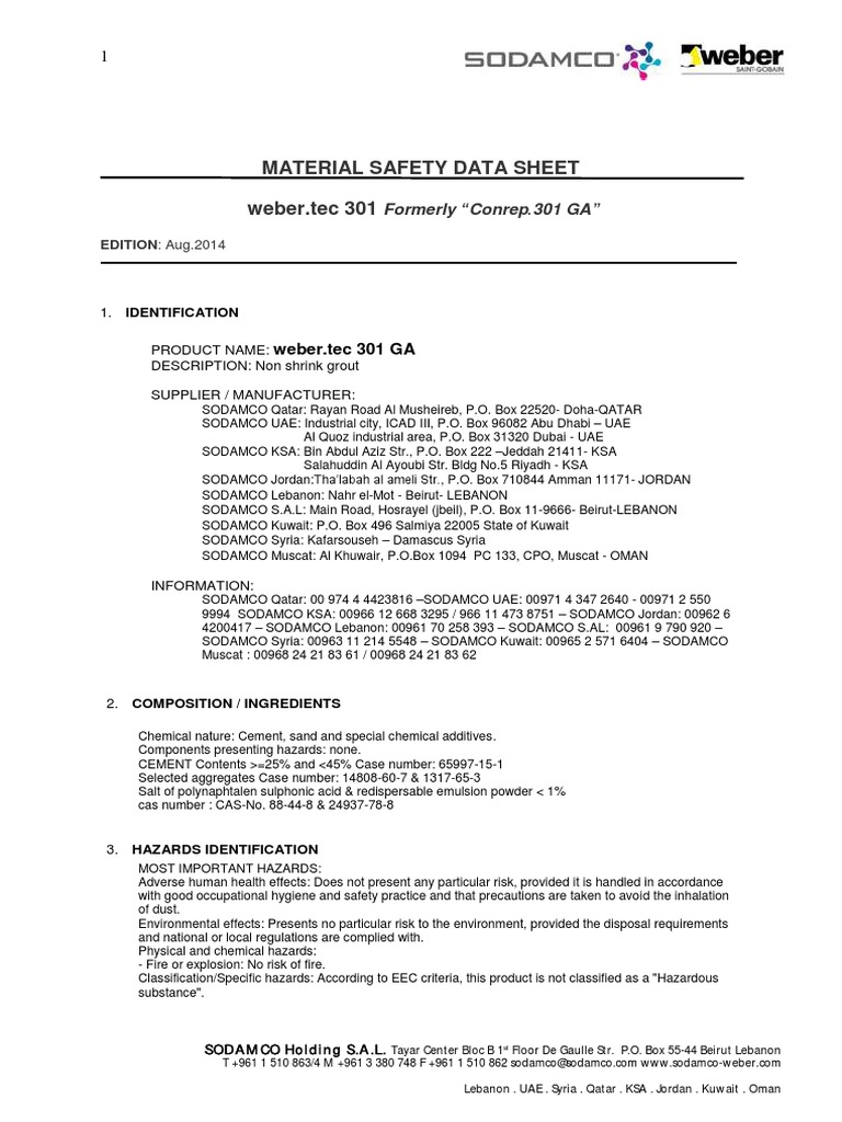 MSDS - Weber - Tec 301 GA-W 01 | PDF | Materials | Chemistry
