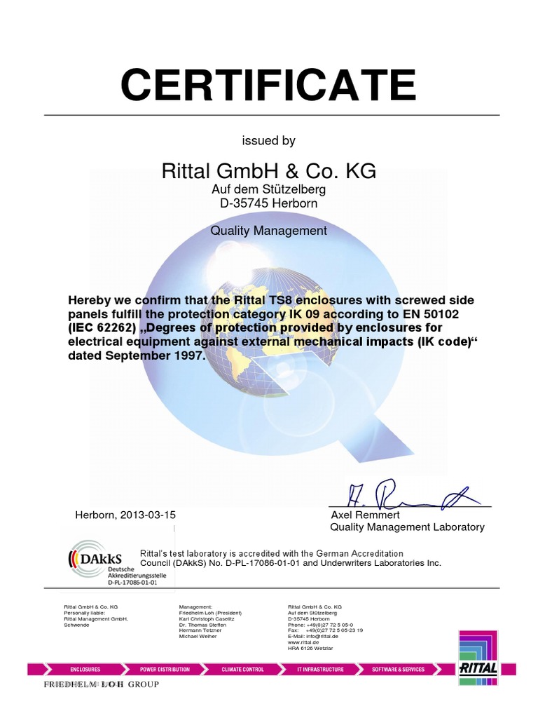 Rittal TS8 Enclosures IK 09 Certification | PDF
