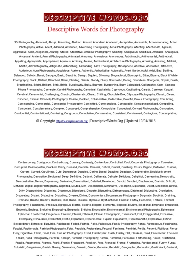 Descriptive Words For Photography | PDF | Imaging | Art Media
