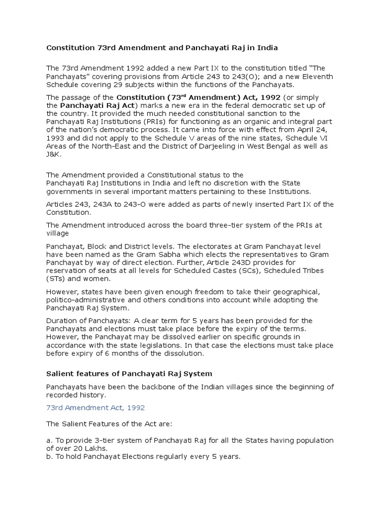 Constitution 73rd Amendment and Panchayati Raj in India | Download Free ...